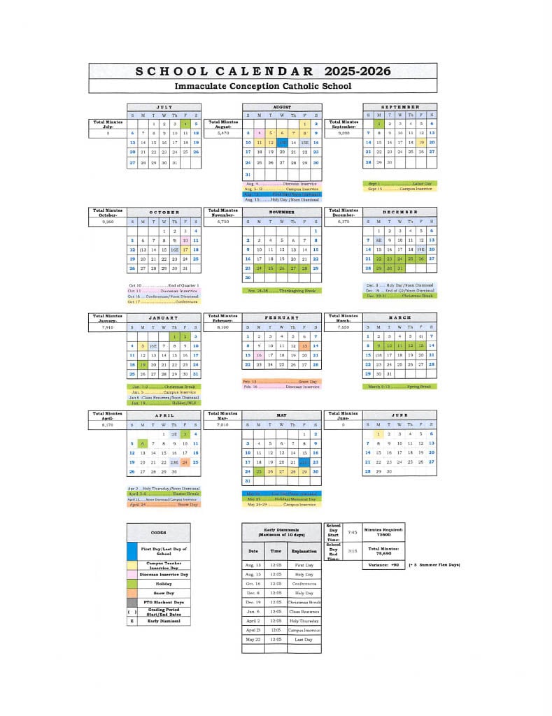 2024 - 2025 School Calendar | Immaculate Conception Catholic School | Denton, TX